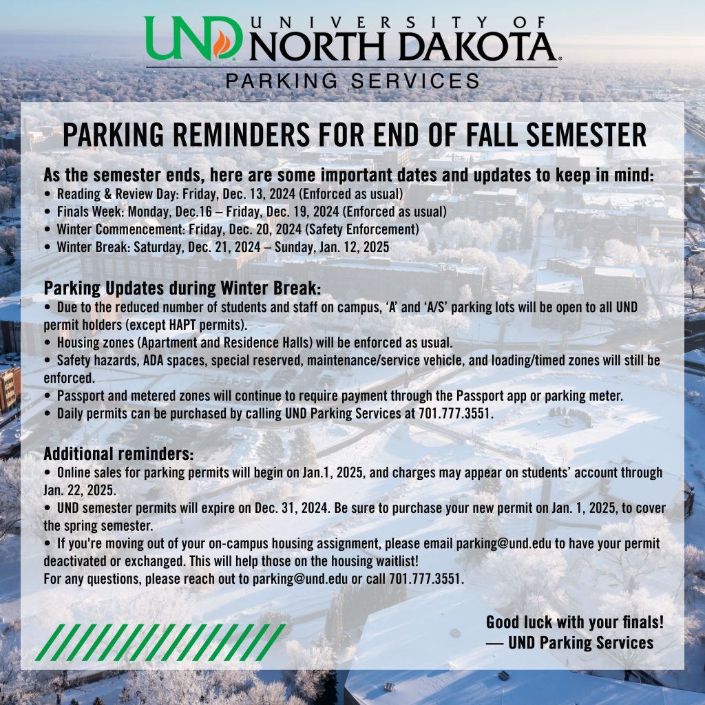 End of Fall Semester & Winter Break - Parking Updates